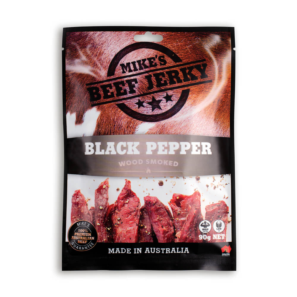 MIKES BEEF JERKY WOOD SMOKED BLACK PEPPER 90G PK — H Rehfisch & Co
